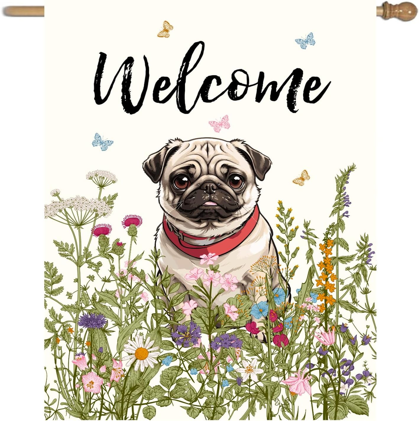 Floral Pug Garden Flag Spring Summer House Flags Double Sided Flower ...