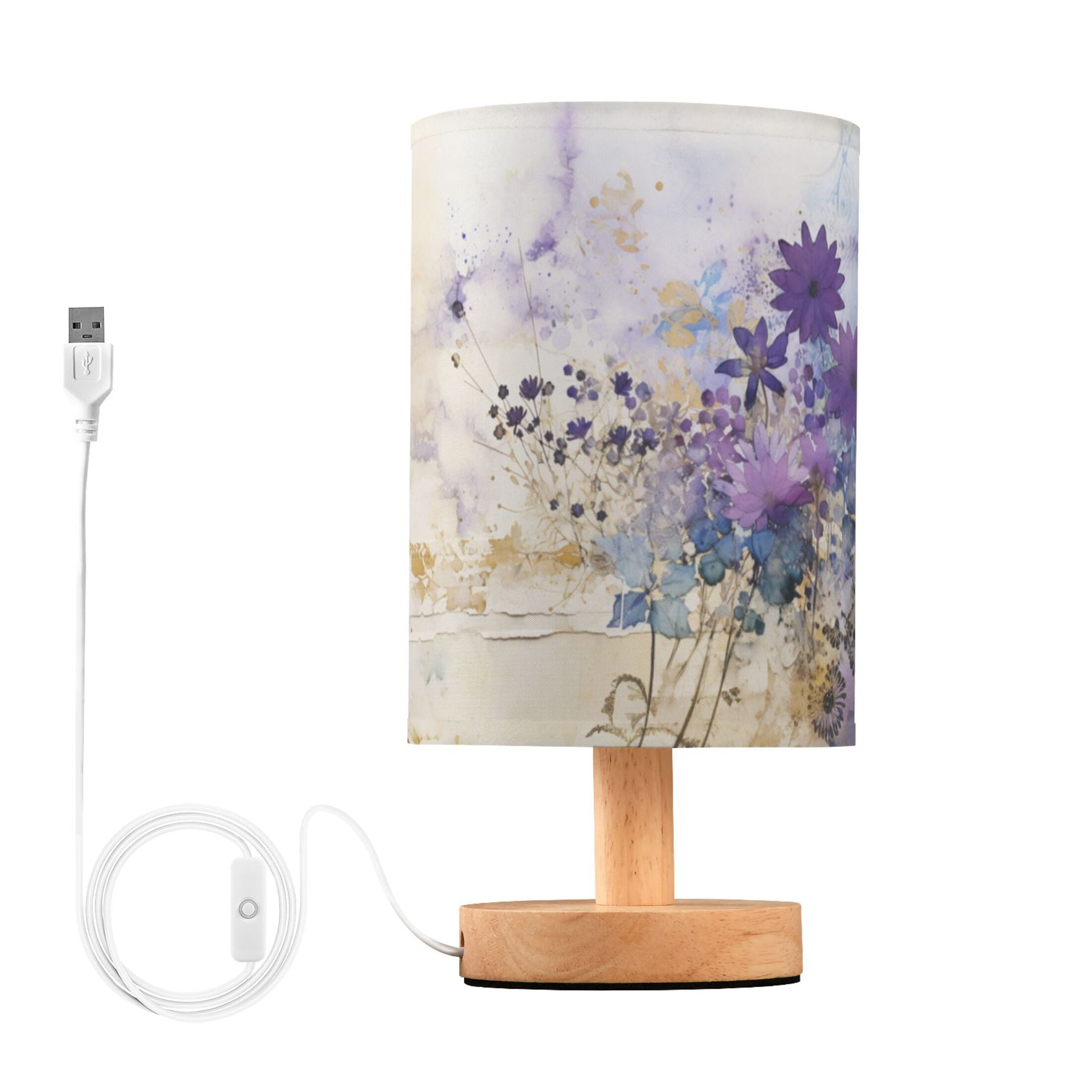 Floral Purple Bedside Table Lamp LED Warm Lights with USB Charging Port ...
