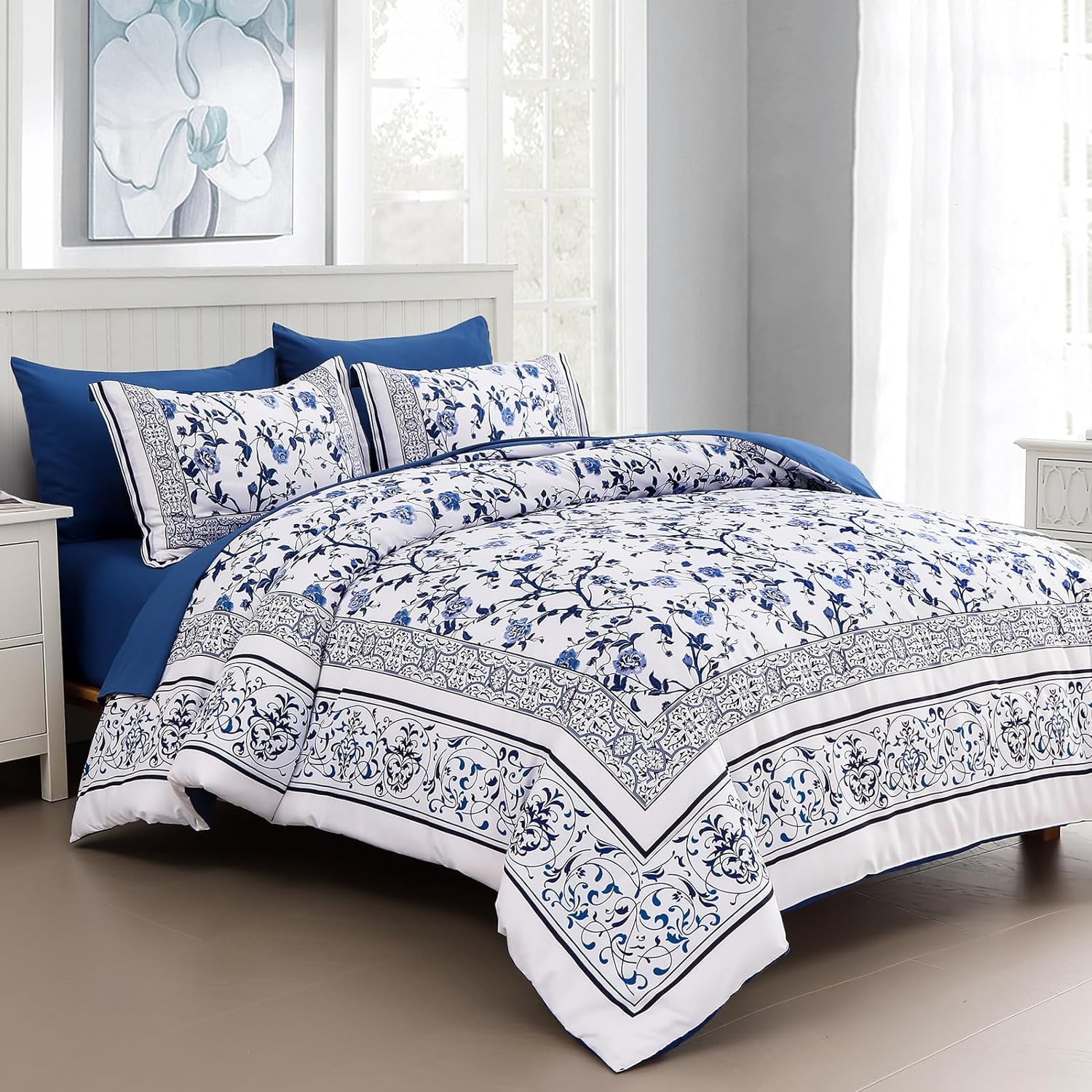 Floral Queen Comforter Set, 7 Piece Bed in a Bag Queen Size Blue ...