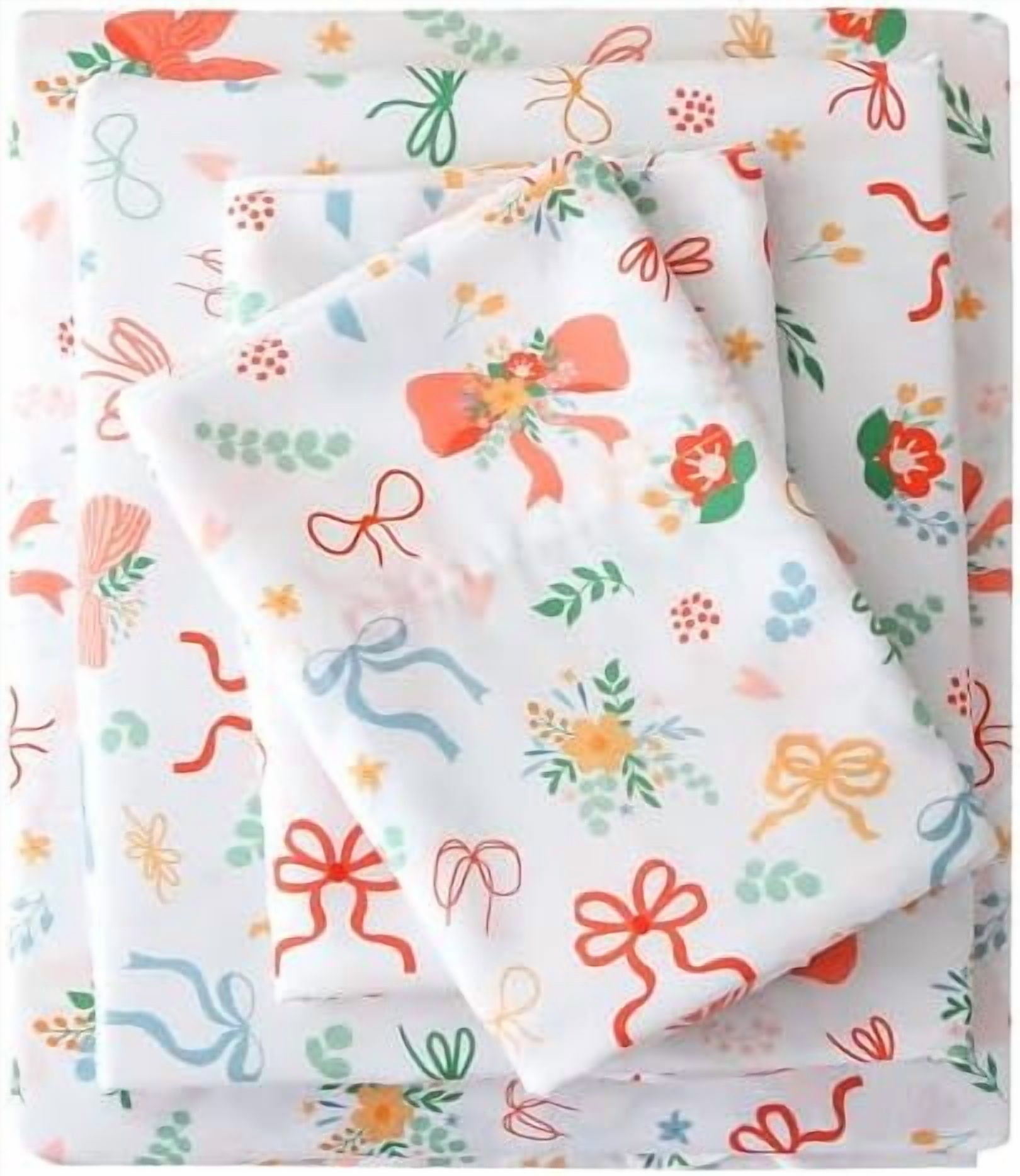 Floral Queen Sheet Set - 4 Piece Bowknot Printed and Vintage Flower ...