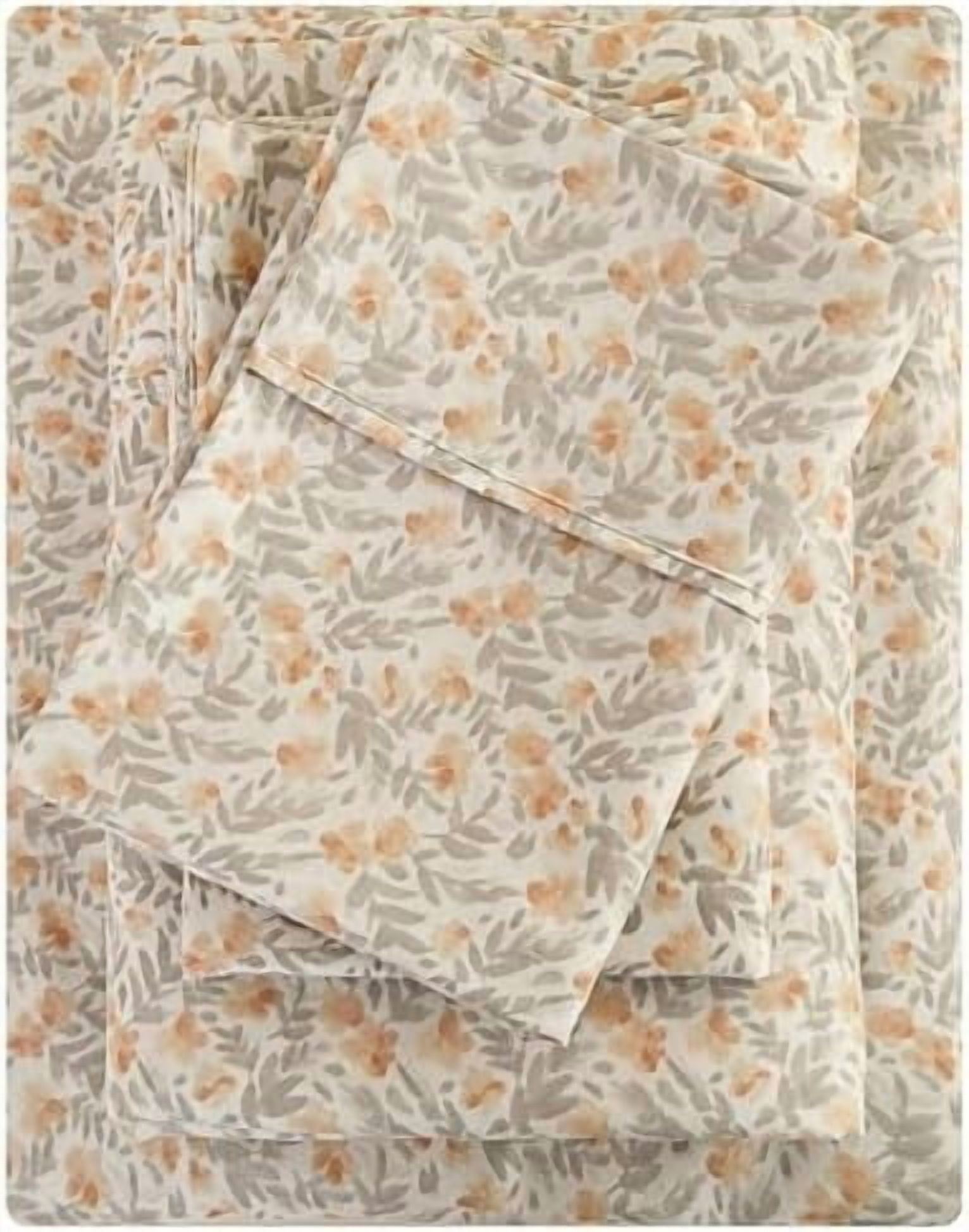Floral Queen Sheet Set - 4 Piece Vintage Light Orange Flower Patterned ...