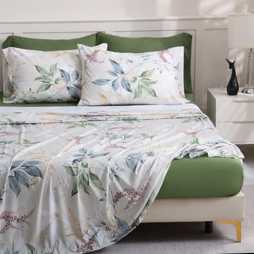 Floral Queen Size Bed Sheet Set, 6 Piece, Deep Pocket Green Fitted ...