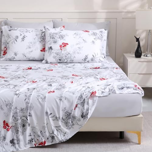 Floral Queen Size Bed Sheet Set, 6 Piece, Deep Pocket Light Grey Fitted ...