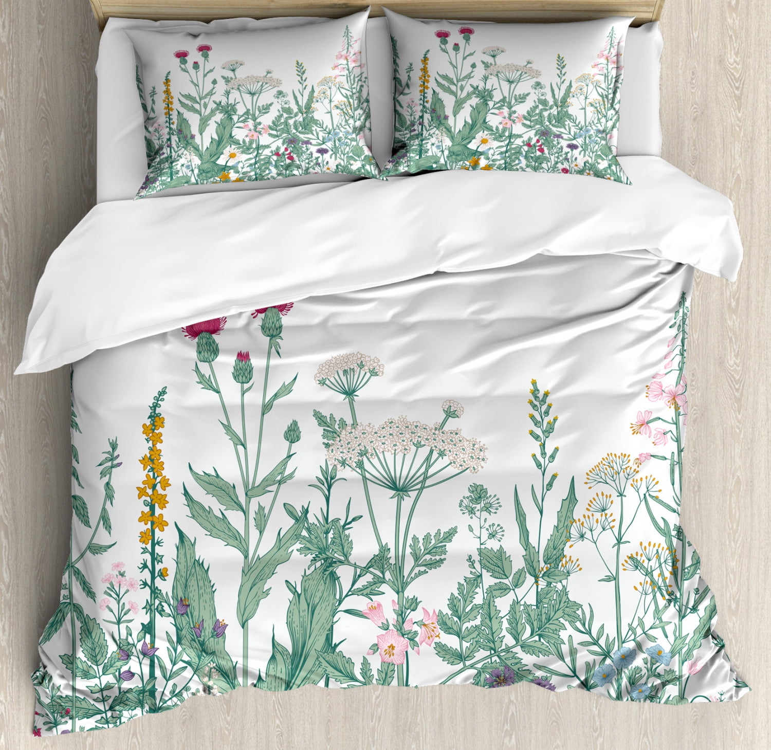 Floral Queen Size Duvet Cover Set, Vanished Colored Messy Wild Herb ...