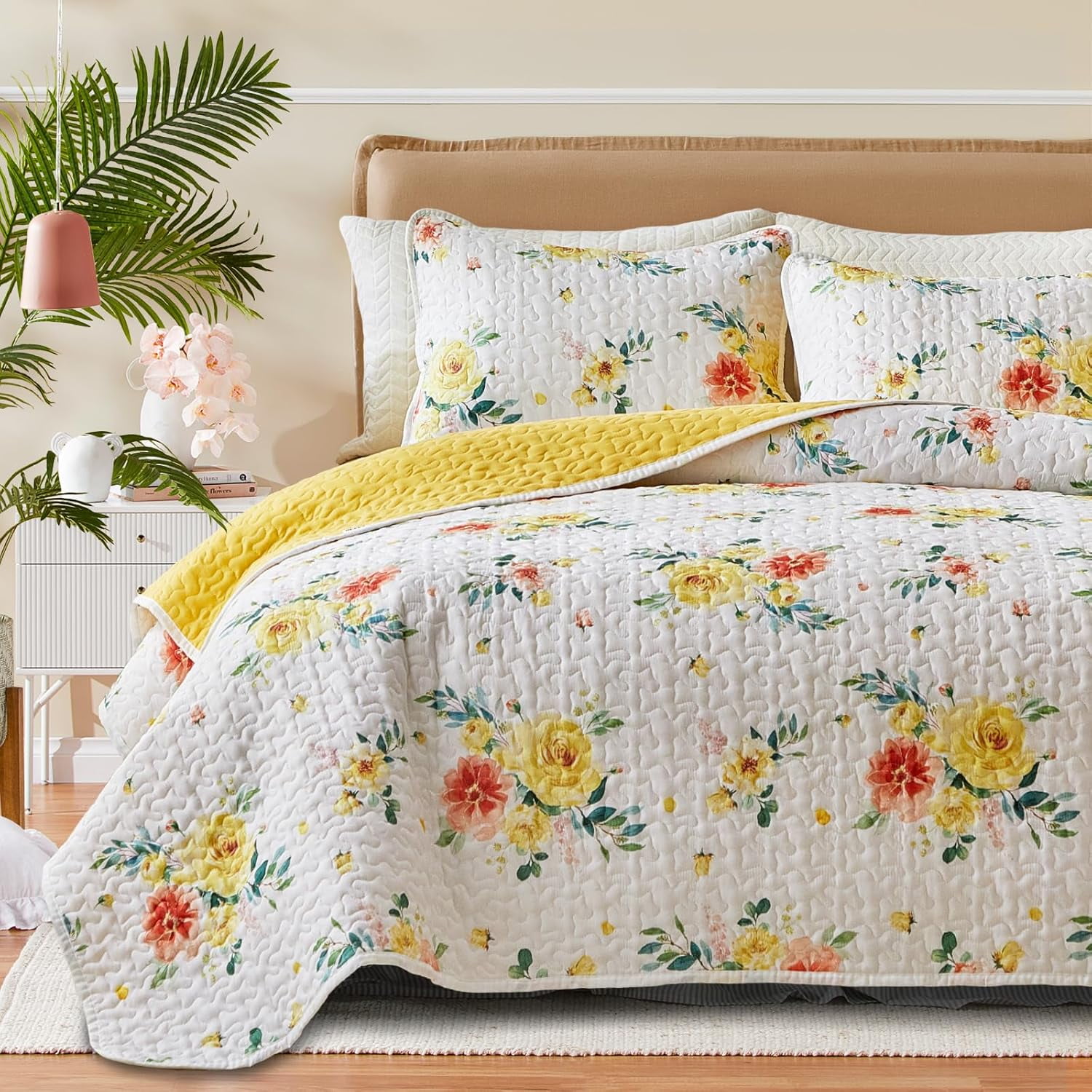 Floral Quilt Set 3 Pieces King Size White Orange Yellow Flower with ...