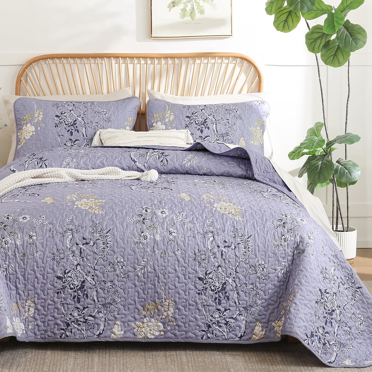 Floral Quilt Set ,Purple Botanical Leaf & Butterfly Bedspread Coverlet ...