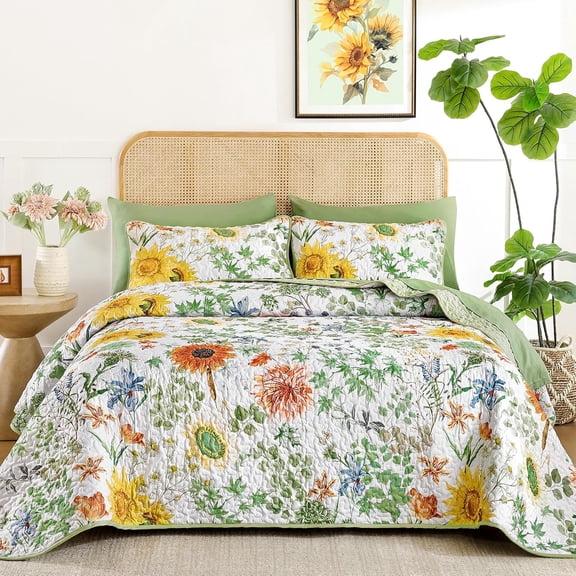 Floral Quilt Set Queen Size, Grey Botanical Queen Bedspread Bedding ...
