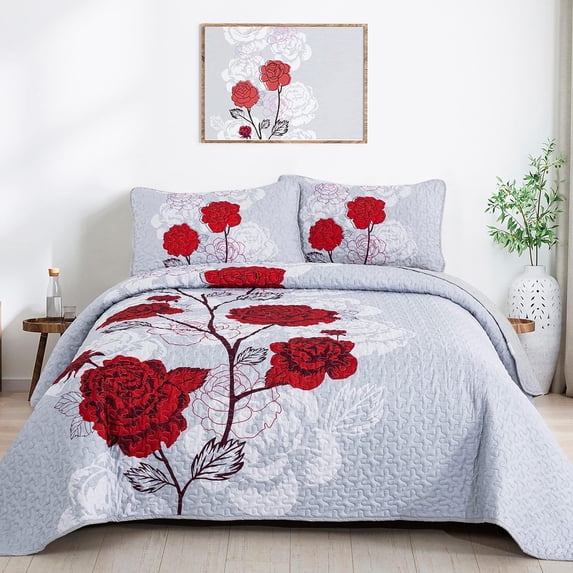 Floral Quilt Set Queen Size,Elegant Red Floral Printed Bedspread ...