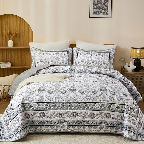 Floral Quilt Set Queen Size, Grey Flower Pattern Quilts Queen Bedspread ...