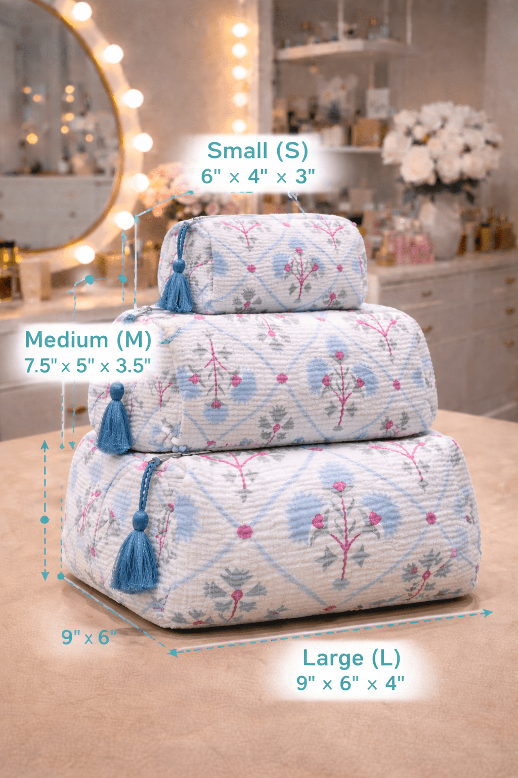 Floral Quilted Cosmetic Bag Set for Women, Pack of 3 Makeup Organizer ...