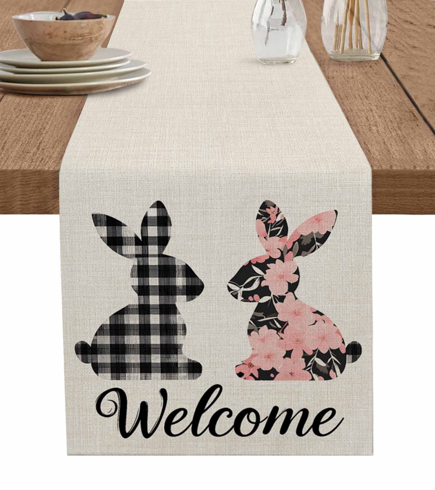 Floral Rabbit Table Runner 72 Inches, Farmhouse Spring Easter Plaid ...