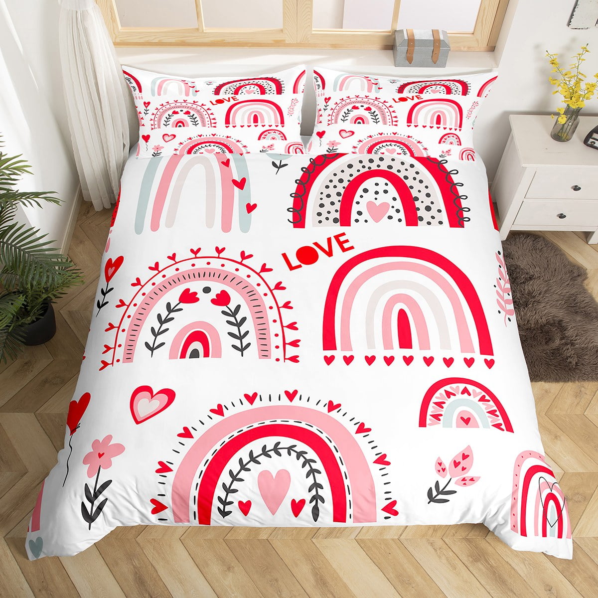 Floral Rainbow Comforter Cover Full Boho Love Heart Rainbow Bedding Set ...
