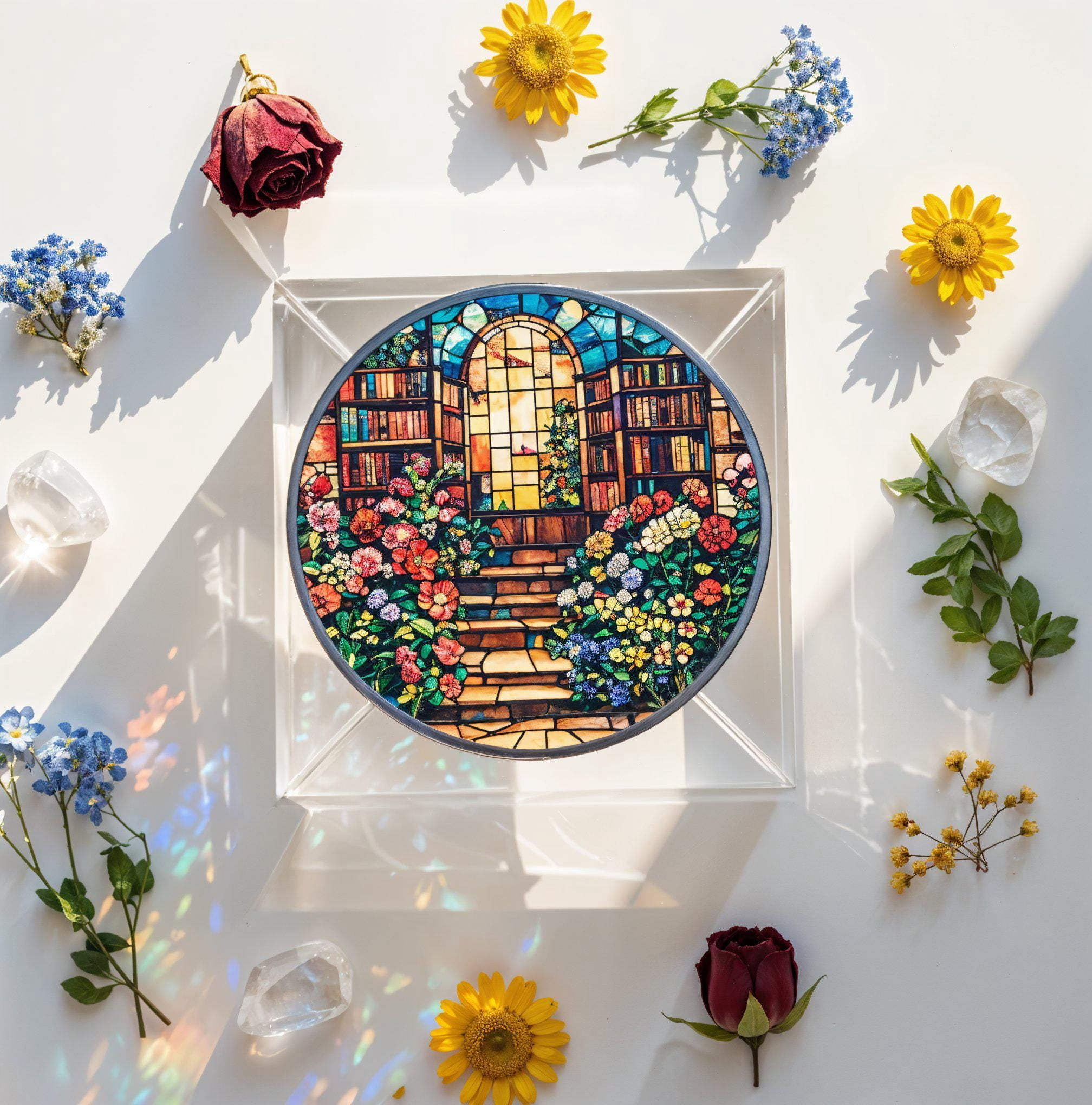 Floral Reading Nook Library Stained Glass Suncatcher Book Home Ornament ...
