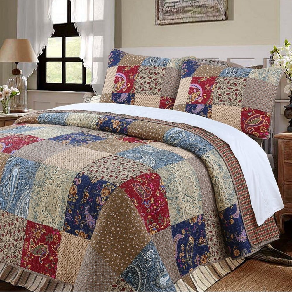 Floral Real Patchwork, Cotton Reversible Quilt Bedding Set for Bedroom ...