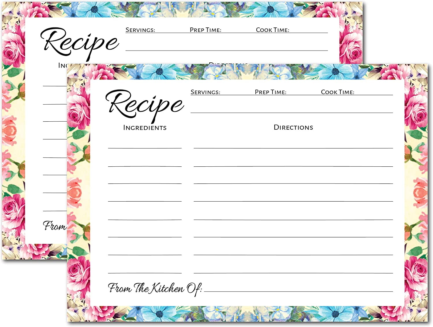 "Floral Recipe Notecards, Double Sided, Blank Lined (50 Pieces, 4.25 ...