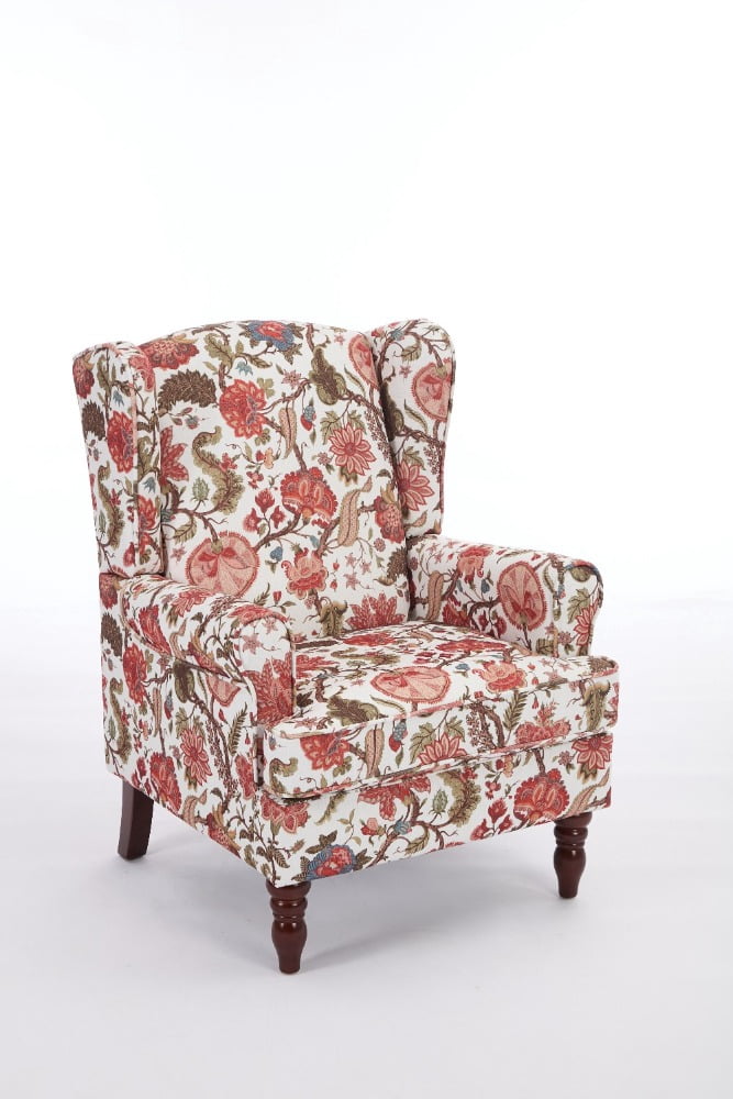 Floral Red Accent Chair Modern Upholstered Armchair with Retro Pine ...