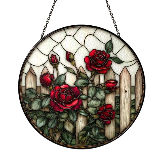 Floral Red Roses Stained Glass Round Window Suncatcher, Garden Inspired ...