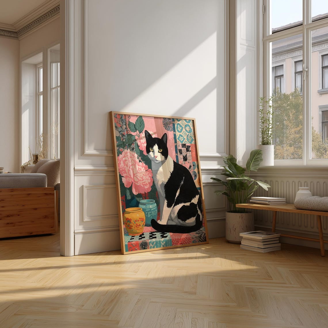 Floral Retro Cat Print, Vintage Style Home Decor UNFRAMED Poster, Wall ...