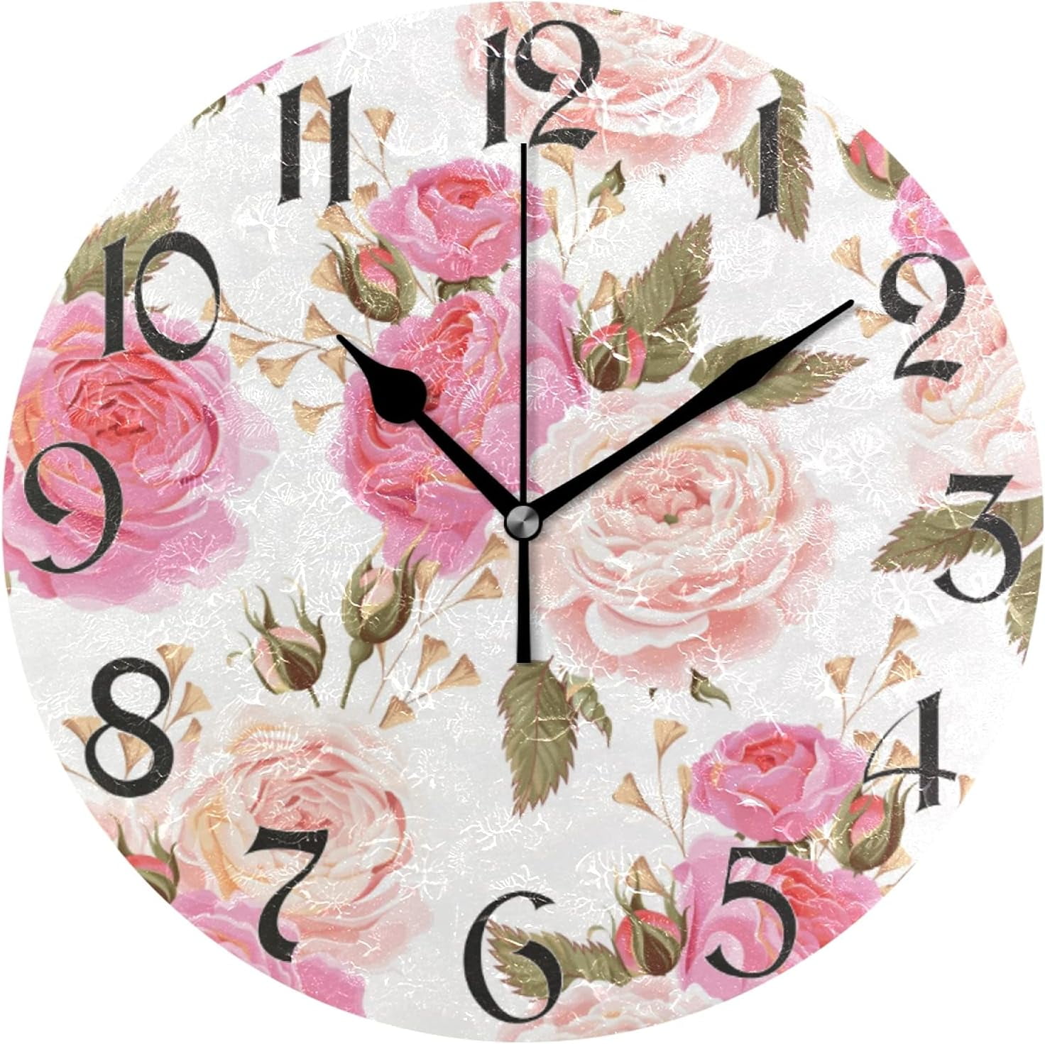 Floral Rose Pink Wall Clocks Battery Operated 10 inch Silent Non ...