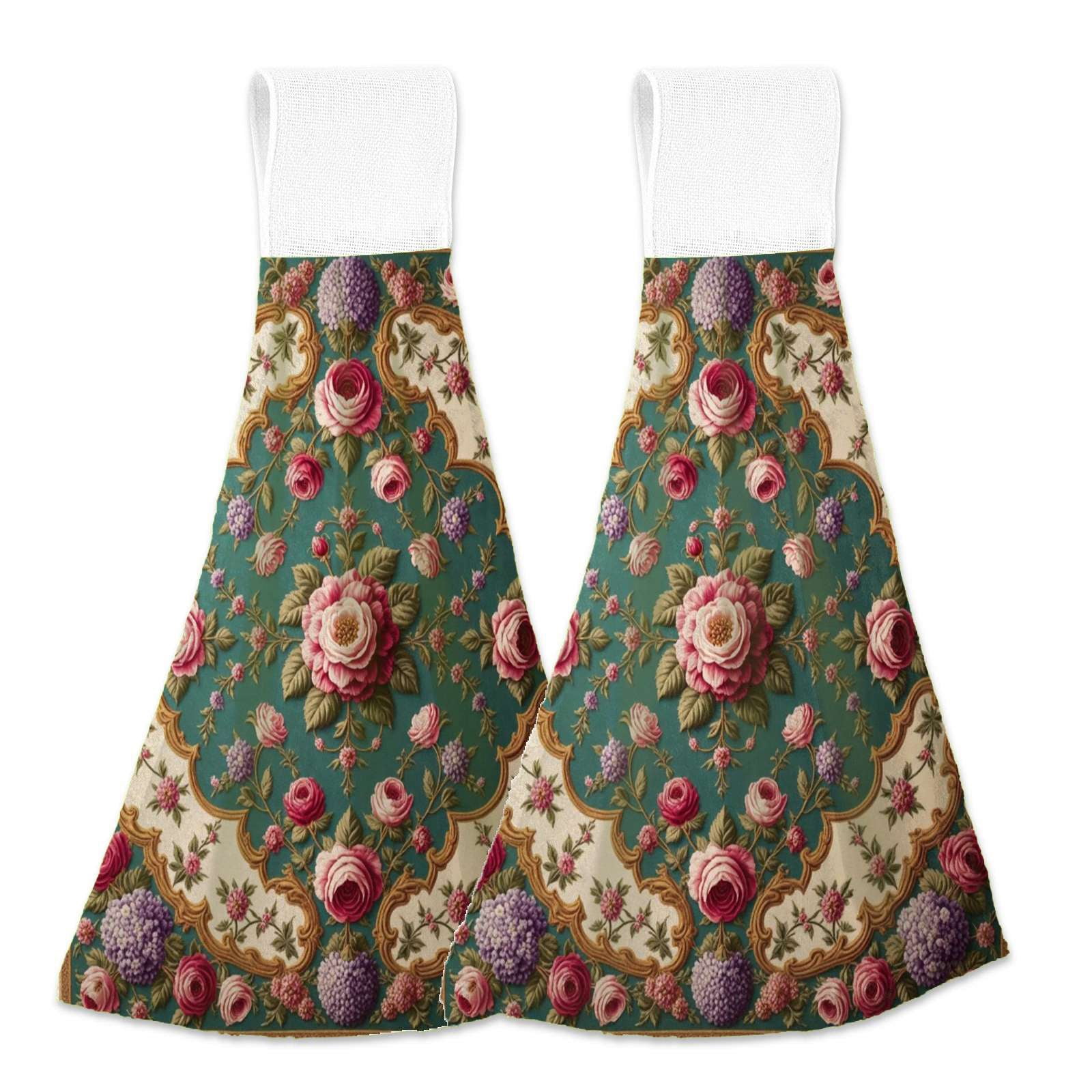 Floral Rose and Hydrangea Pattern Hanging Kitchen Hand Towels Sets with ...