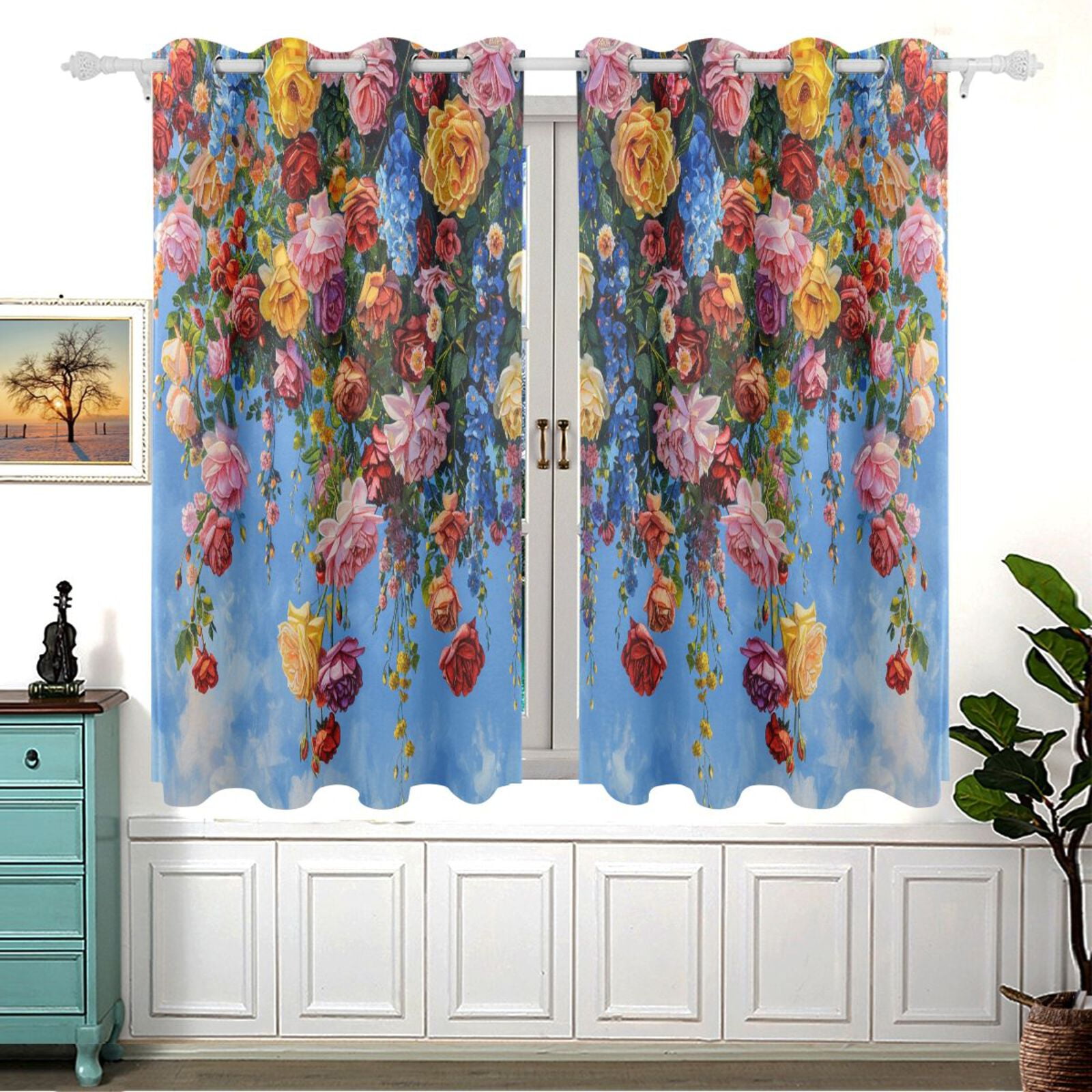 Floral Roses Flowers Curtains Grommet Black Out 54 Inch Length Curtain ...