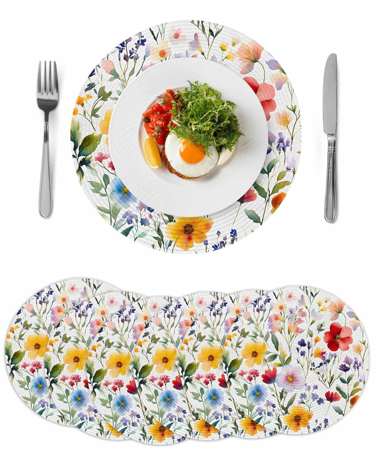 Floral Round 13 Inch Placemats Set of 6, Red Yellow Pink Blue Flower ...