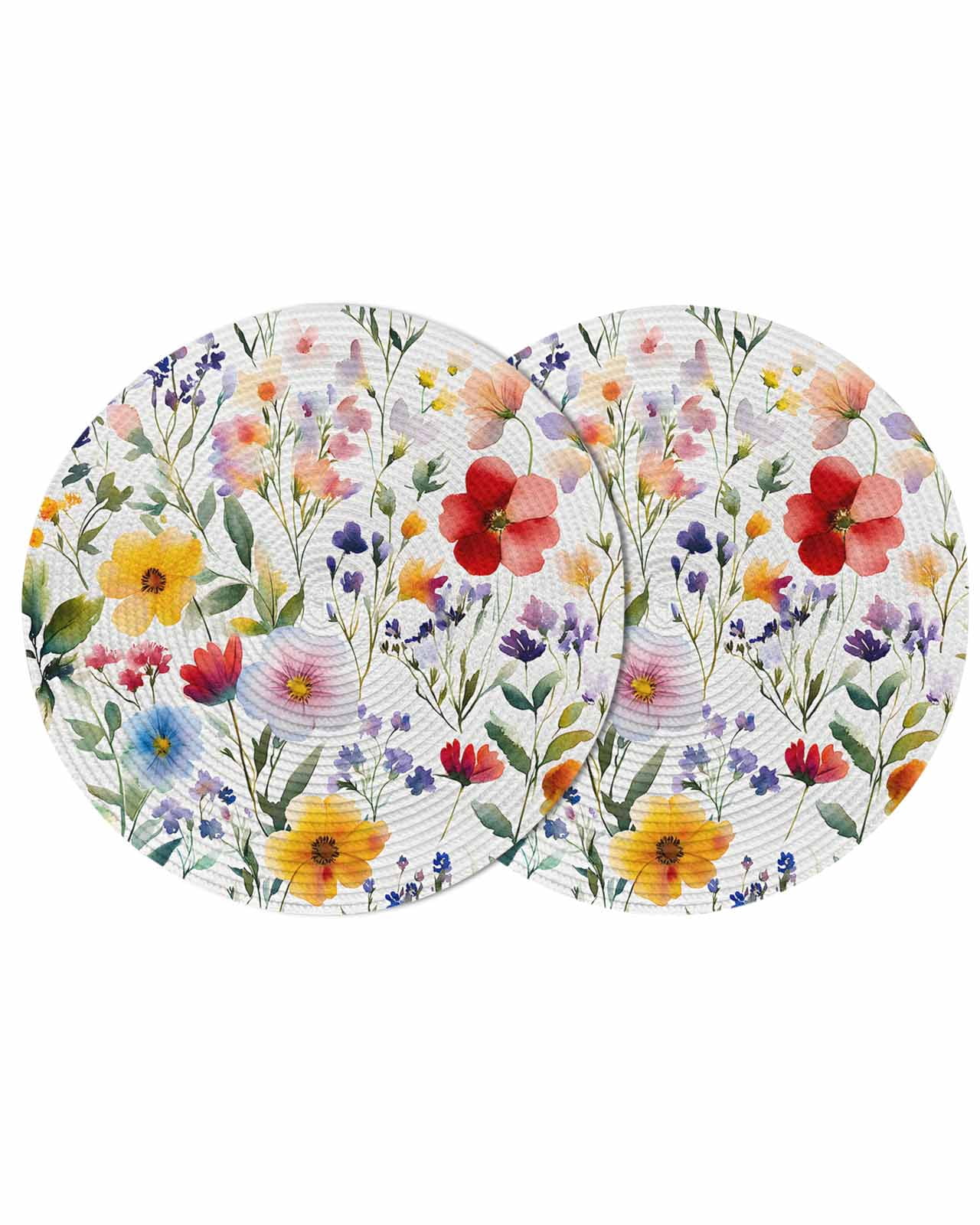 Floral Round 15 Inch Placemats Set of 2, Red Yellow Pink Blue Flower ...