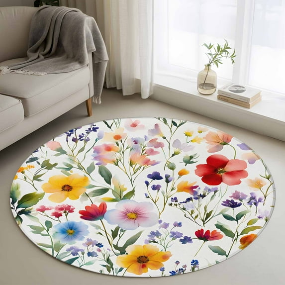 Floral Round Area Rug 4 FT, Non Slip Indoor Outdoor Rug, Red Yellow ...