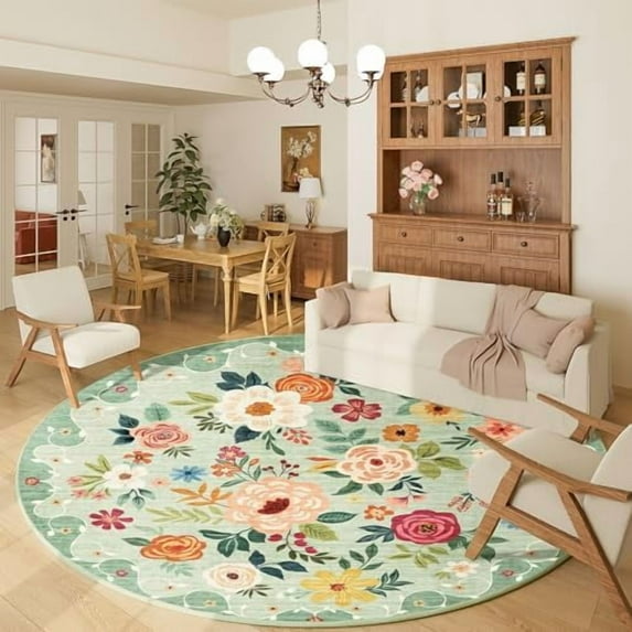 Floral Round Rug, 6ft Washable Circle Rug, Non Slip Indoor Low Pile ...