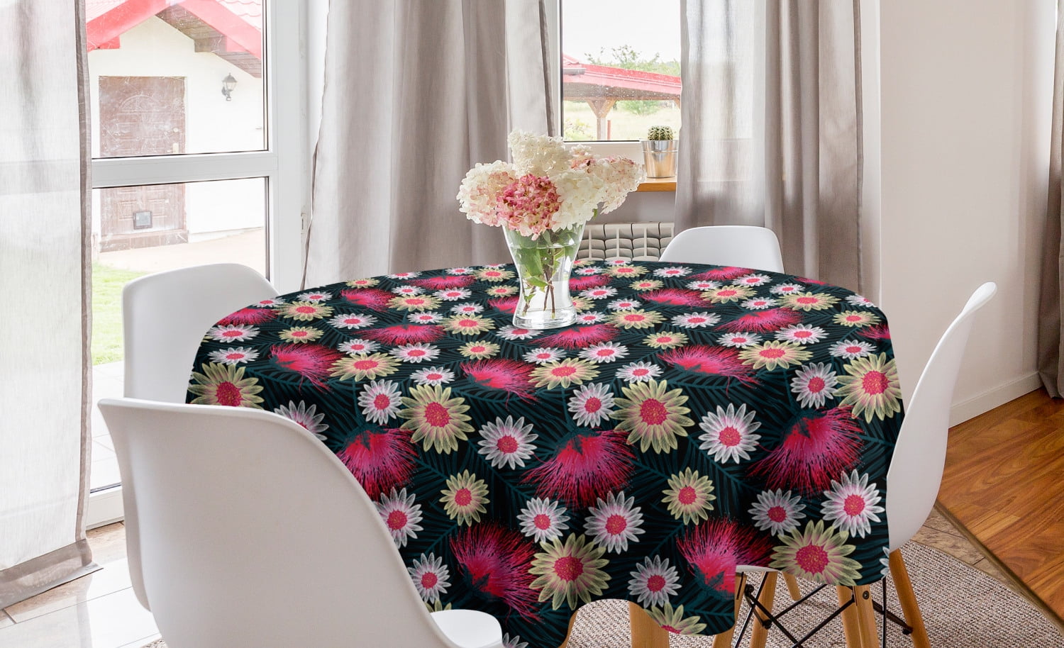 Floral Round Tablecloth, Pattern of Rhythmic Exotic Wild Flowers Tones ...