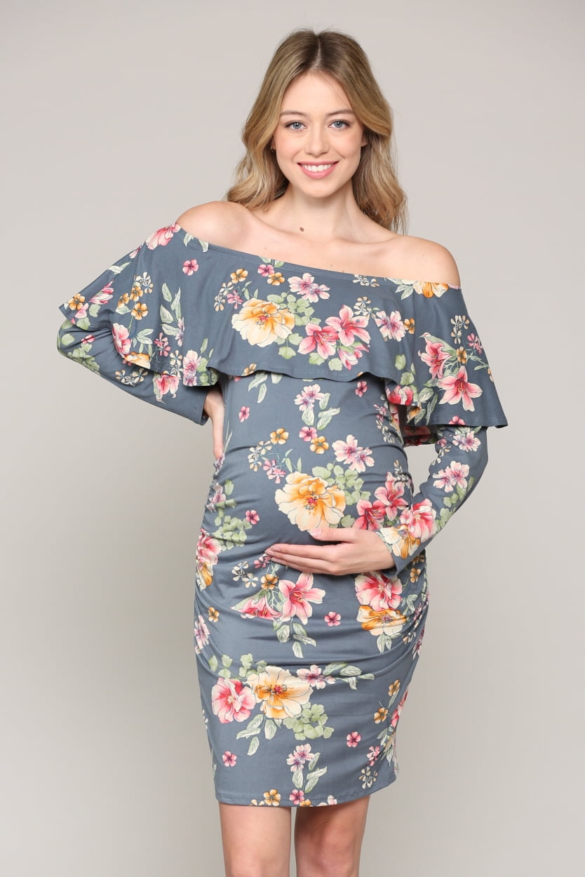 Floral Ruched Off the Shoulder Maternity Dress - Walmart.com