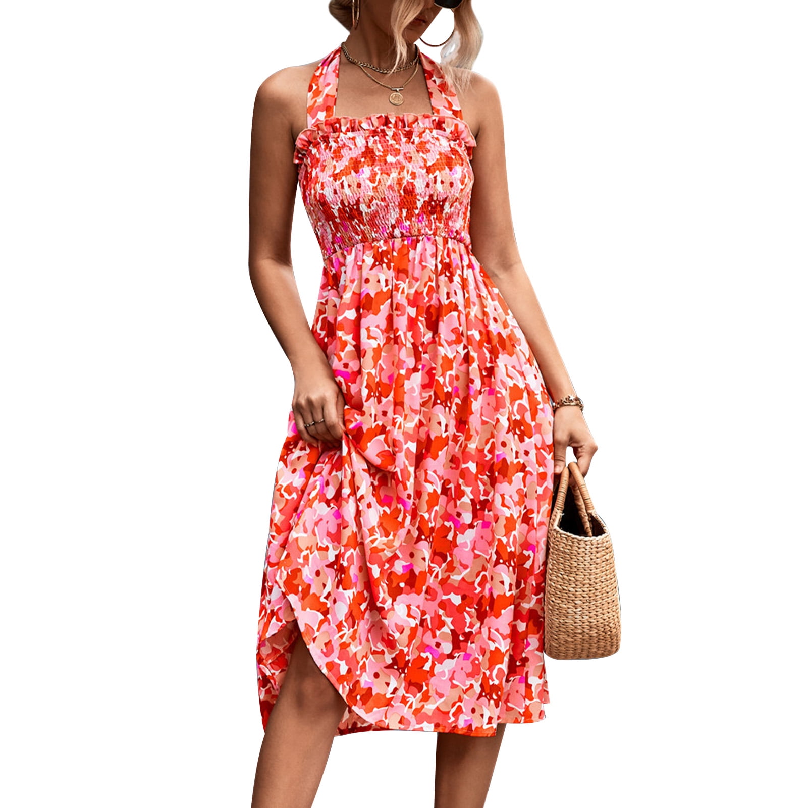 Floral Ruffle Dress Printed Halter Neck Backless Ruffle Hem Shirred ...