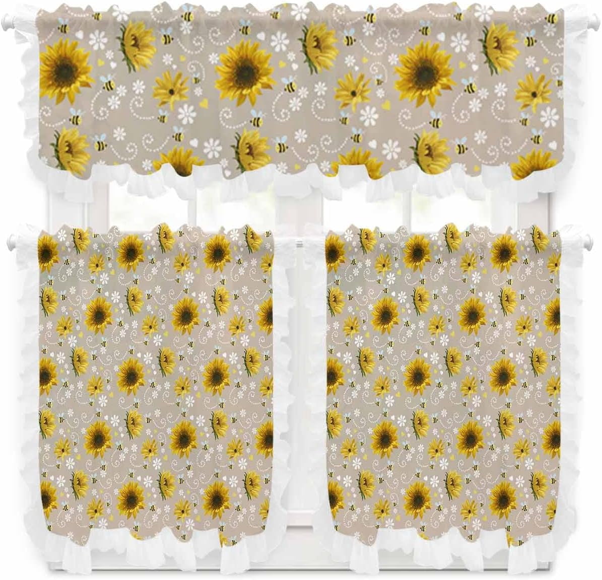 Floral Ruffled Sheer Kitchen Curtains Valance and Tiers Set 36 Inch ...