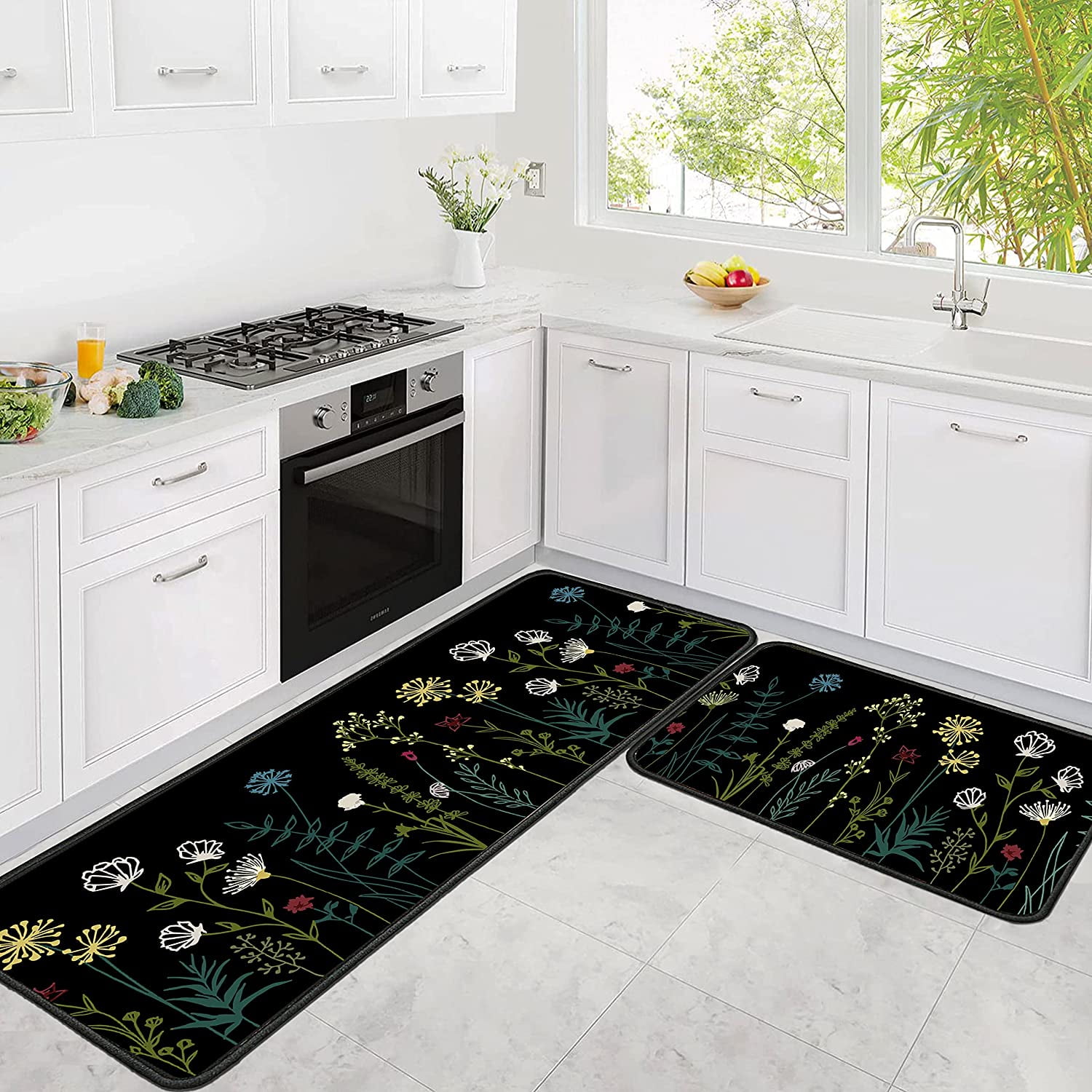 Floral Rug for Kitchen Mats for Floor 2 Piece, Anti Fatigue Floor Mat ...