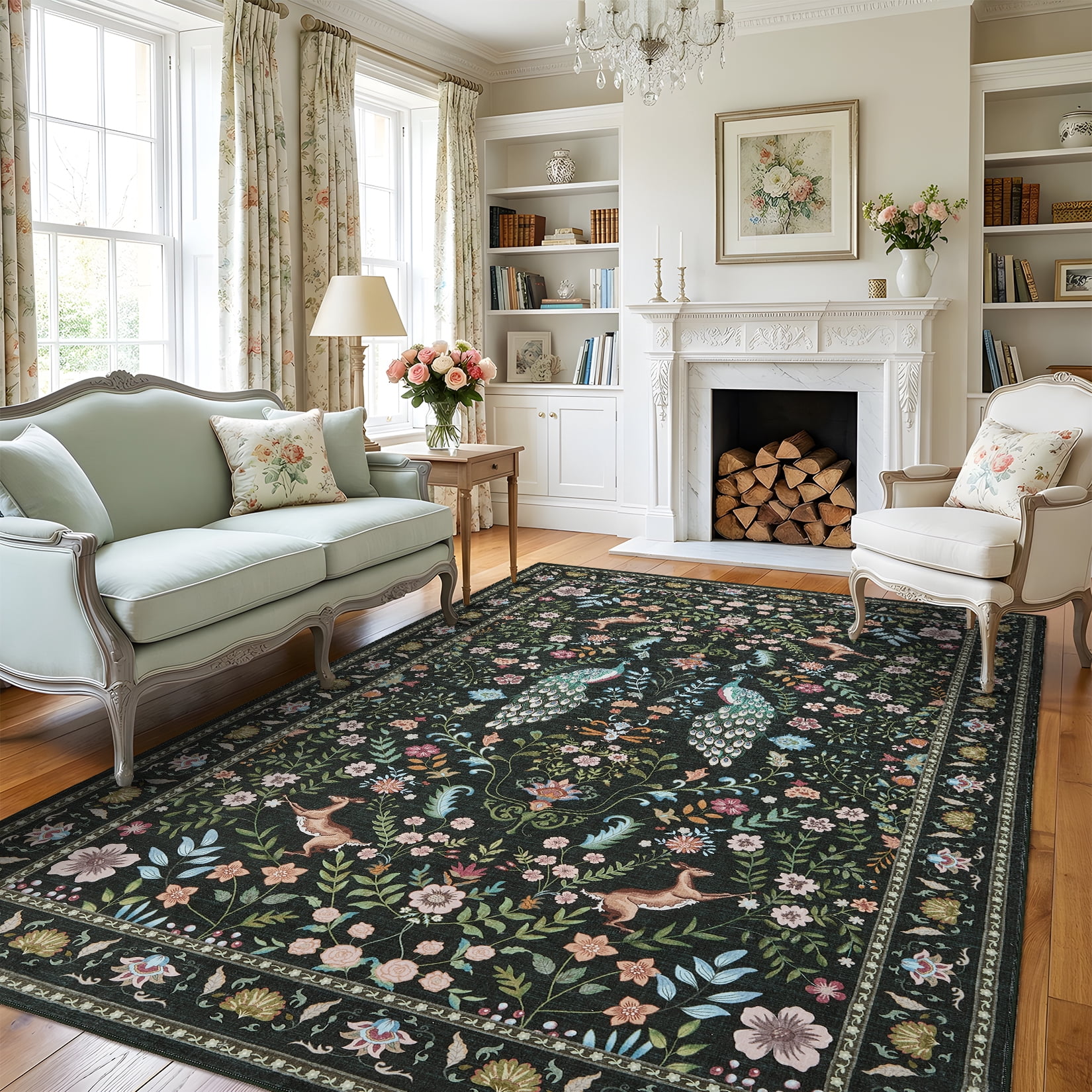 Floral Runner Rug,Washable Non-Slip Low Pile Foldable Area Rug with ...