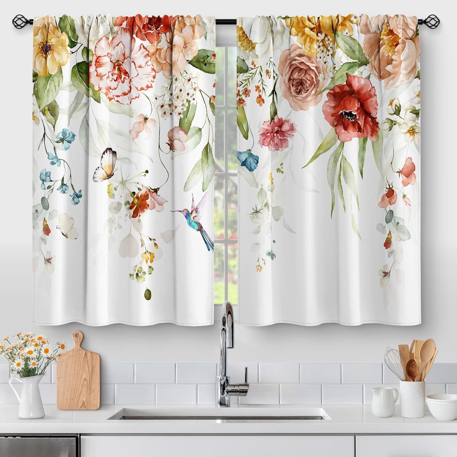 Floral Rustic Kitchen Tier Curtains - Flower Leaves Farmhouse Spring ...