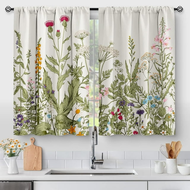 Floral Rustic Plant Kitchen Curtains - Spring Flower Botanical Vintage ...