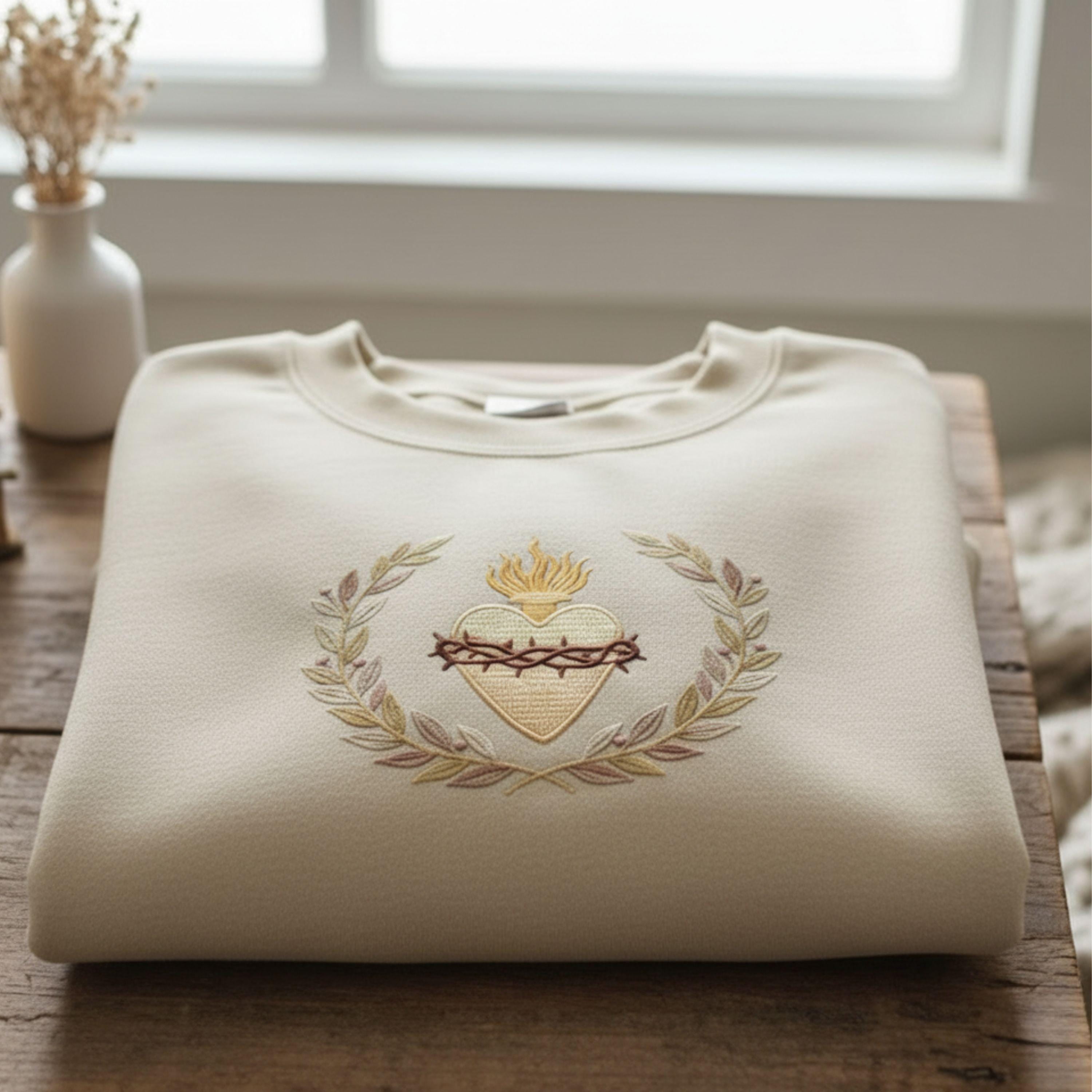 Floral Sacred Heart Embroidered Sweatshirt, Metallic Gold Sweater ...