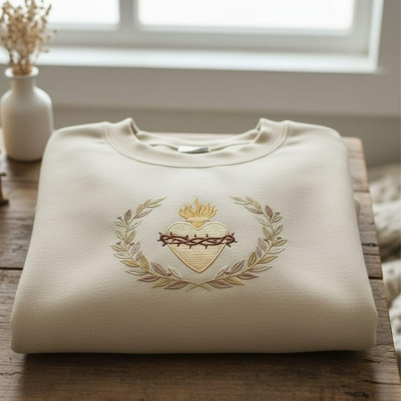 Floral Sacred Heart Embroidered Sweatshirt, Metallic Gold Sweater ...