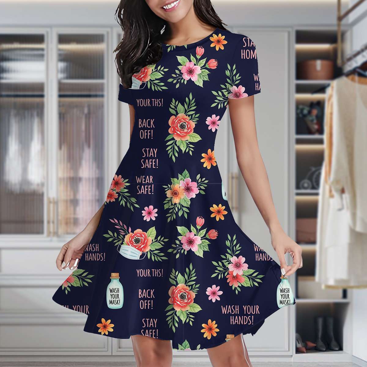 Floral Safety Reminders Women's Classic Swing Skater Dress Casual Work ...