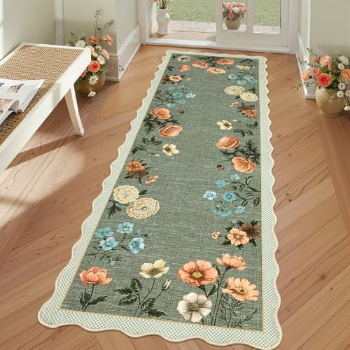 Floral Scalloped Kitchen Runner Rug, 2X6 Washable Hallway Runner Non ...