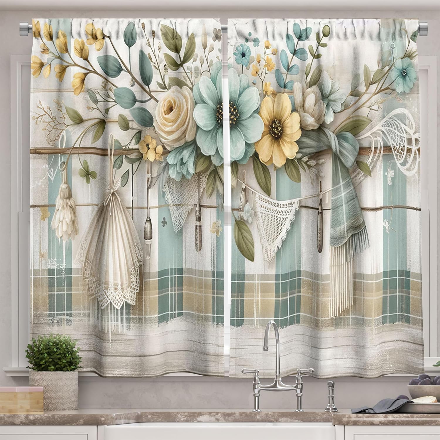 Floral Scenario Kitchen Curtains, Leafy Flower Jumble with Oriental ...