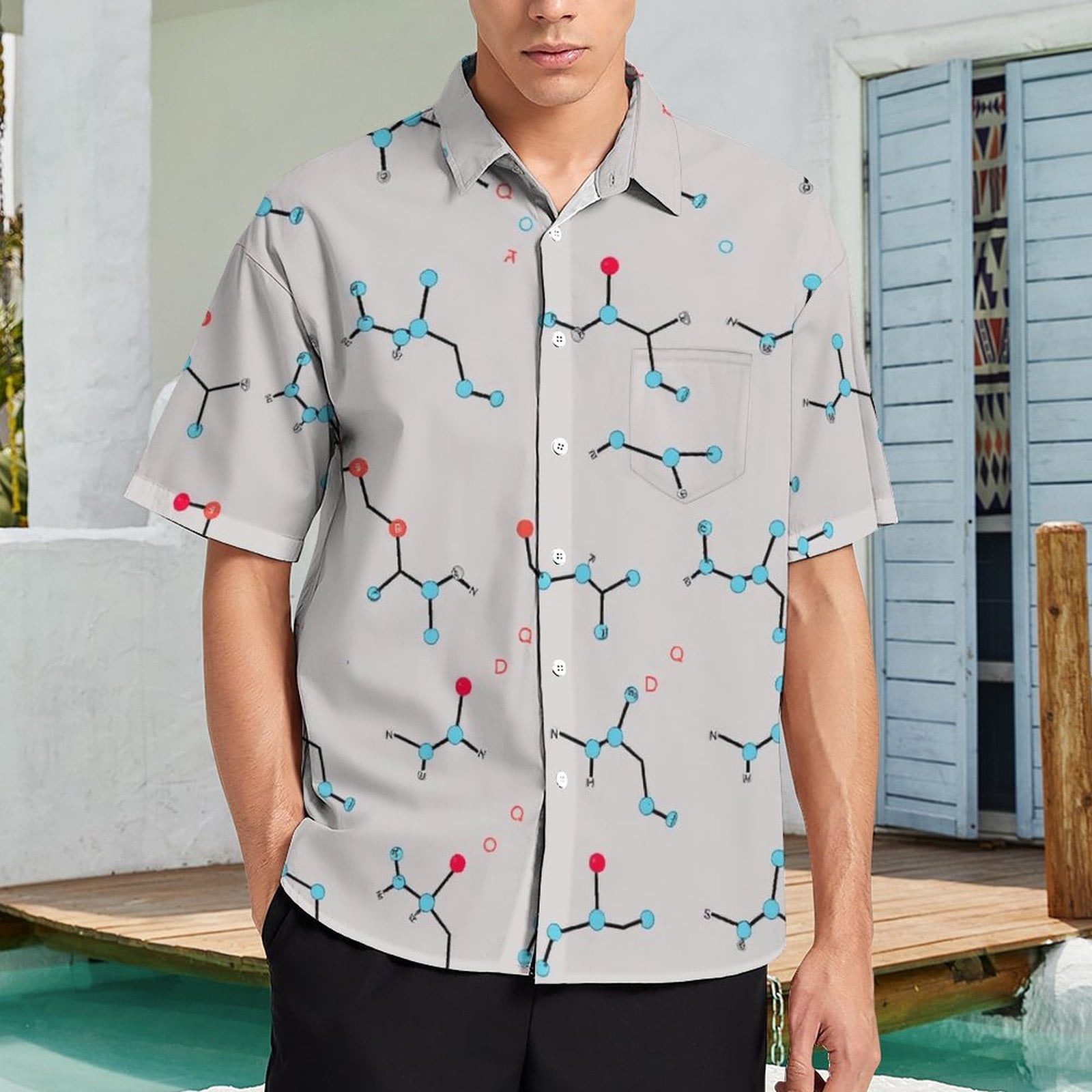 Floral Serotonin And Dopamine Moleculs Pattern Blouses Male Vintage Print Casual Shirts Hawaii ...