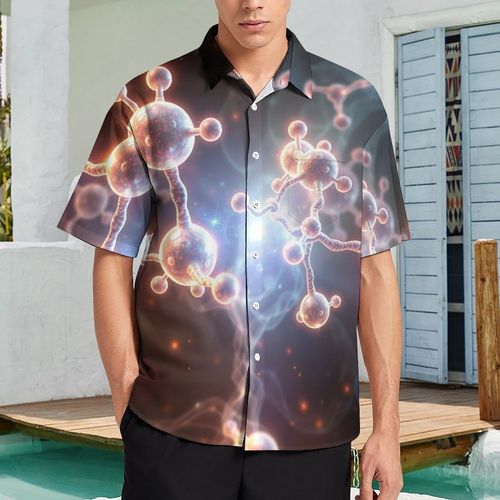 Floral Serotonin And Dopamine Moleculs Pattern Loose Shirt Male Vacation Field with Irises ...