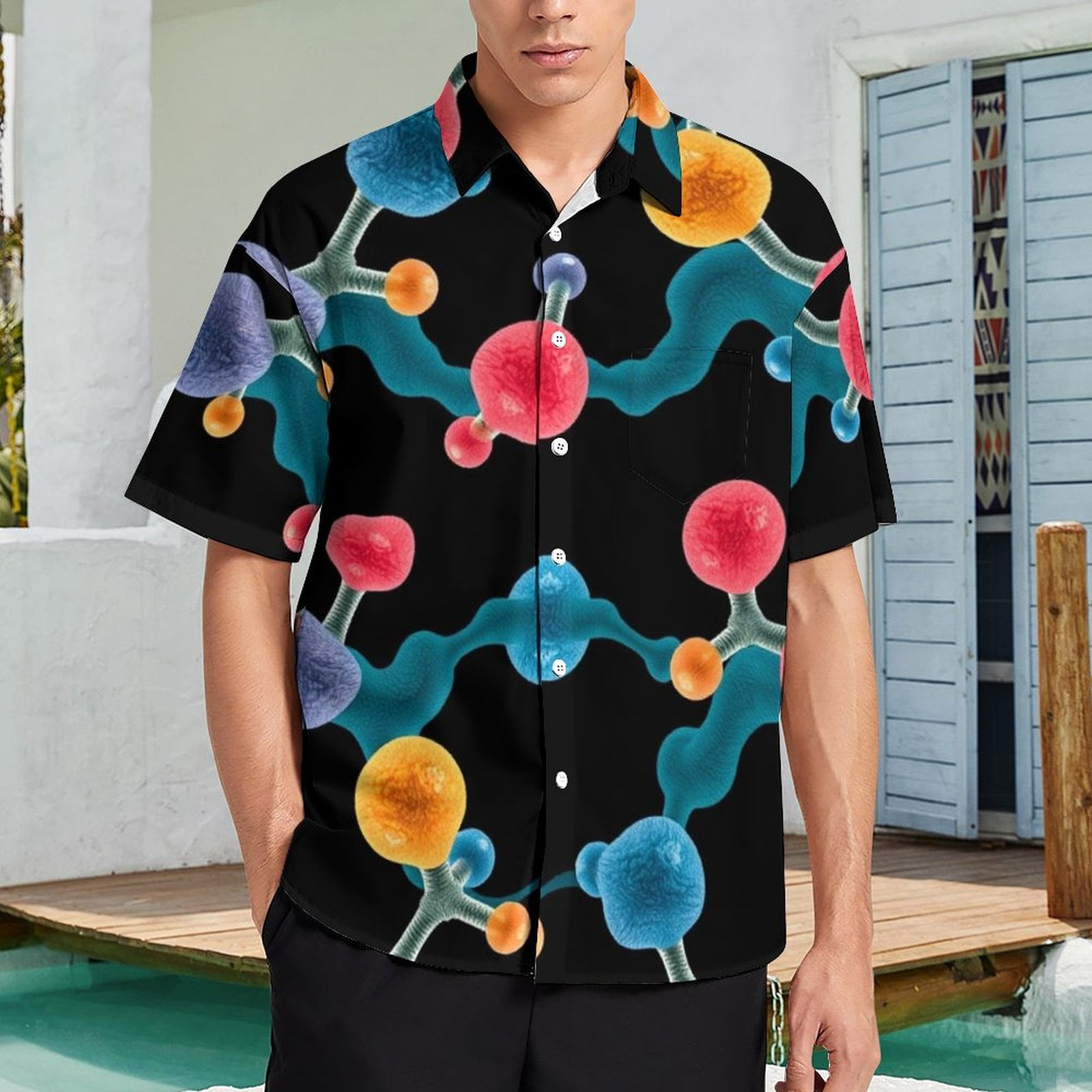 Floral Serotonin And Dopamine Moleculs Pattern Loose Shirt Male Vacation Field with Irises ...