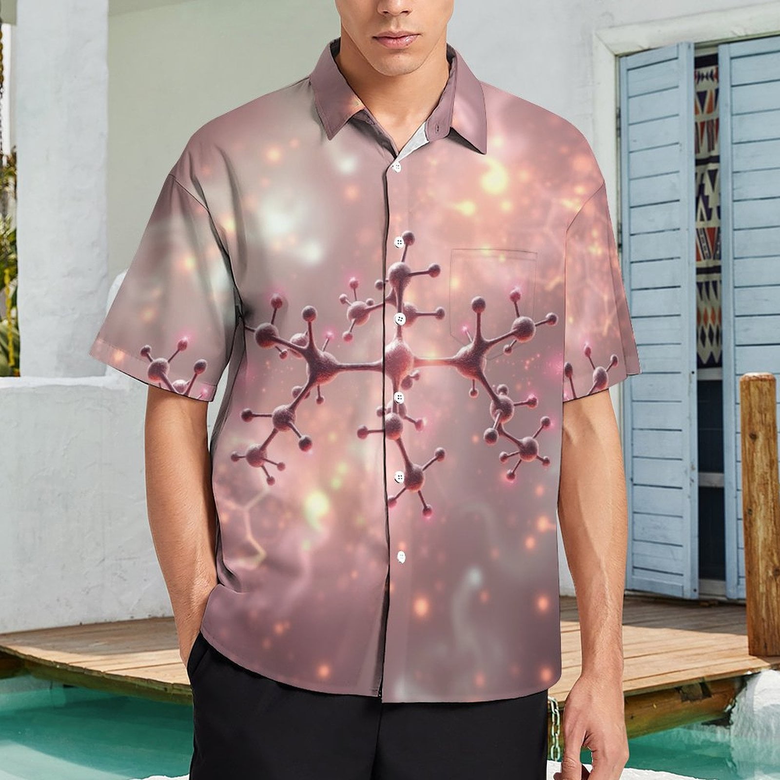 Floral Serotonin And Dopamine Moleculs Pattern Loose Shirt Male Vacation Field with Irises ...