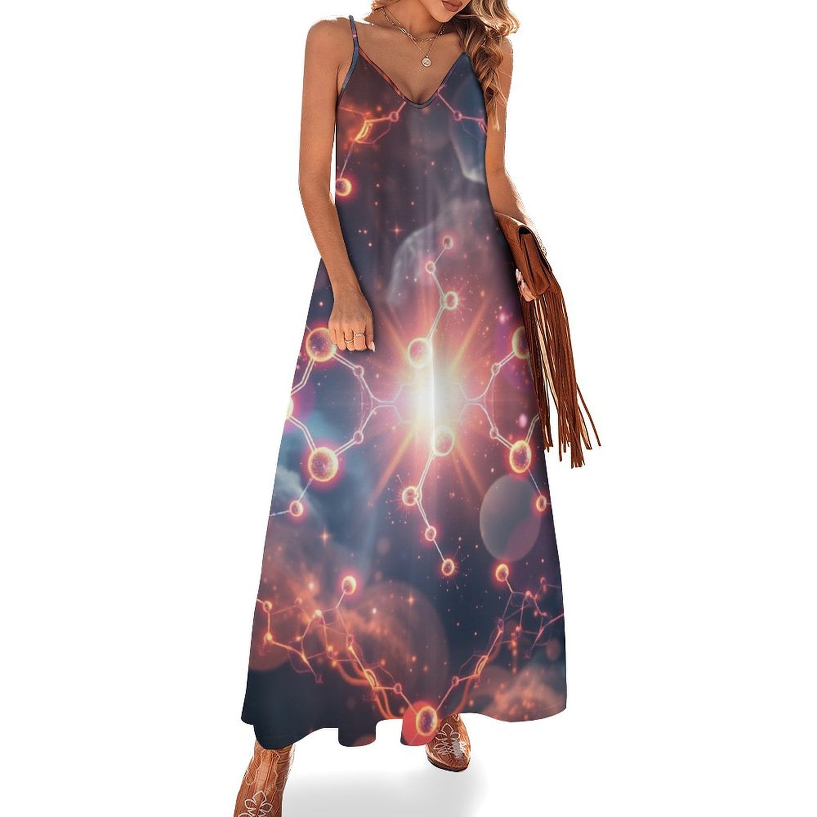 Floral Serotonin And Dopamine Moleculs Pattern Sleeveless Dress Beach Outfits for Women Luxury ...