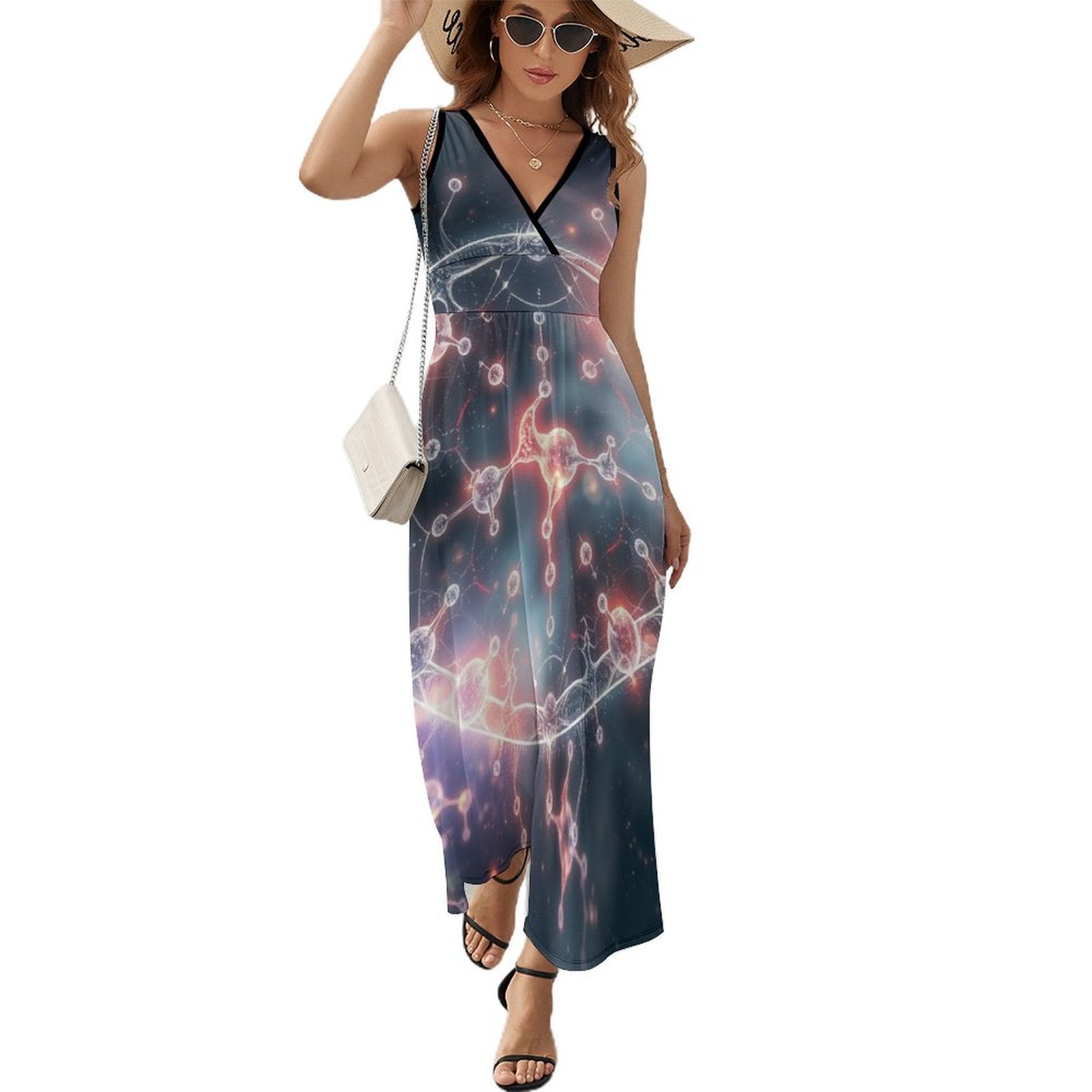 Floral Serotonin And Dopamine Moleculs Pattern Sleeveless Luxury Evening Dress For Women Party ...