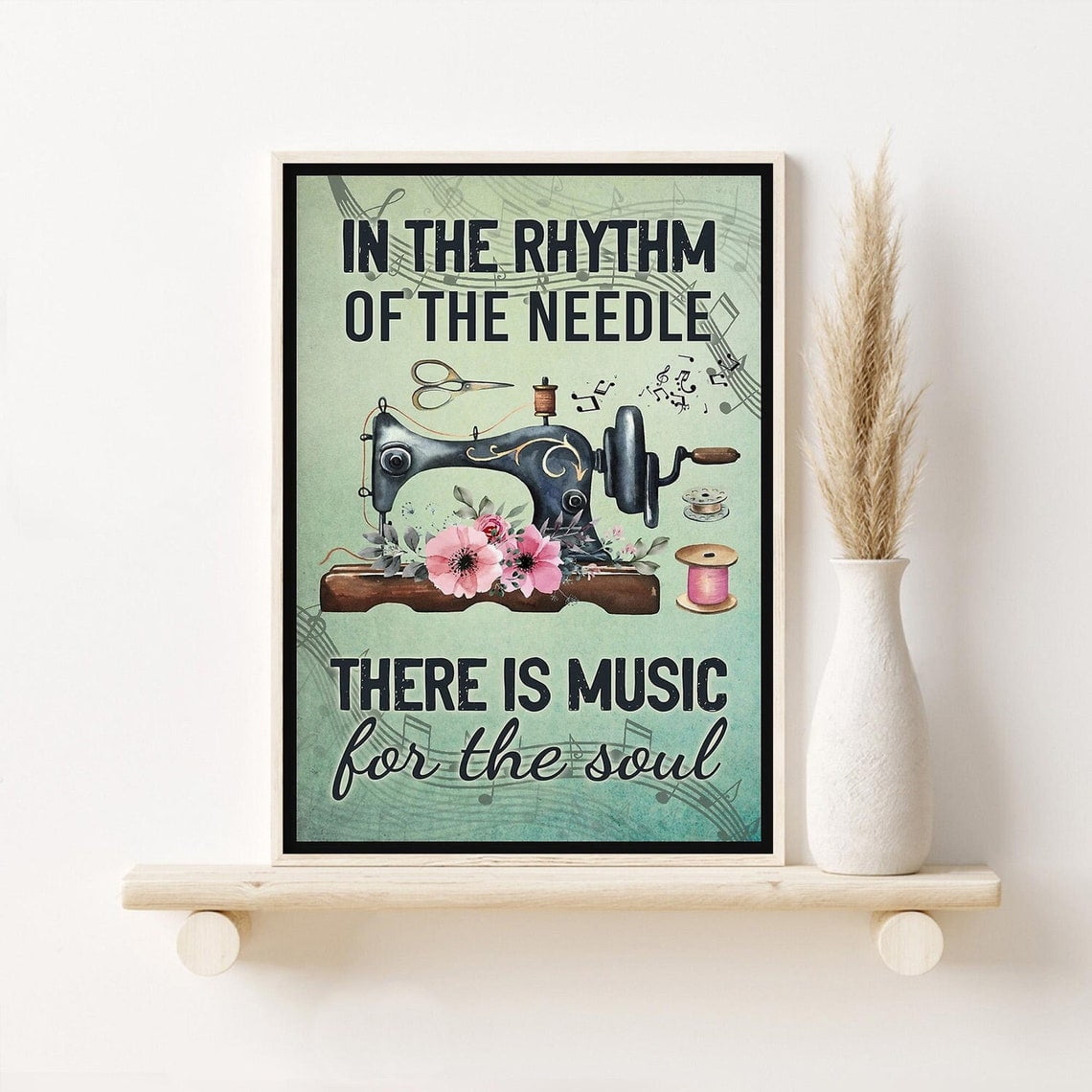 Floral Sewing Machine Music Notes Art Print, Rhythm Of The Needle Print ...