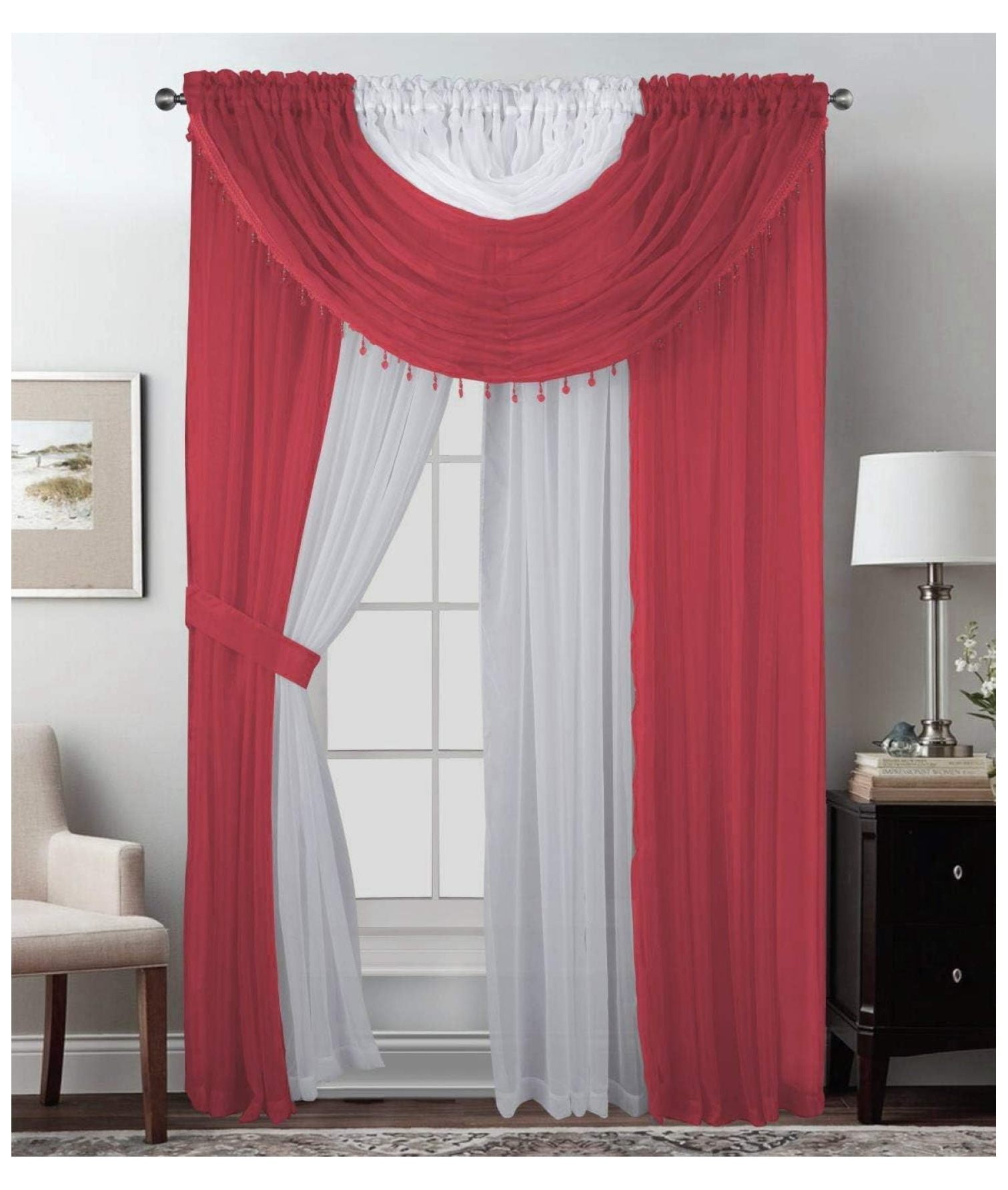 Floral Sheer Curtains 63" Long - Two-Tone 4 Panels Set w/Valance ...